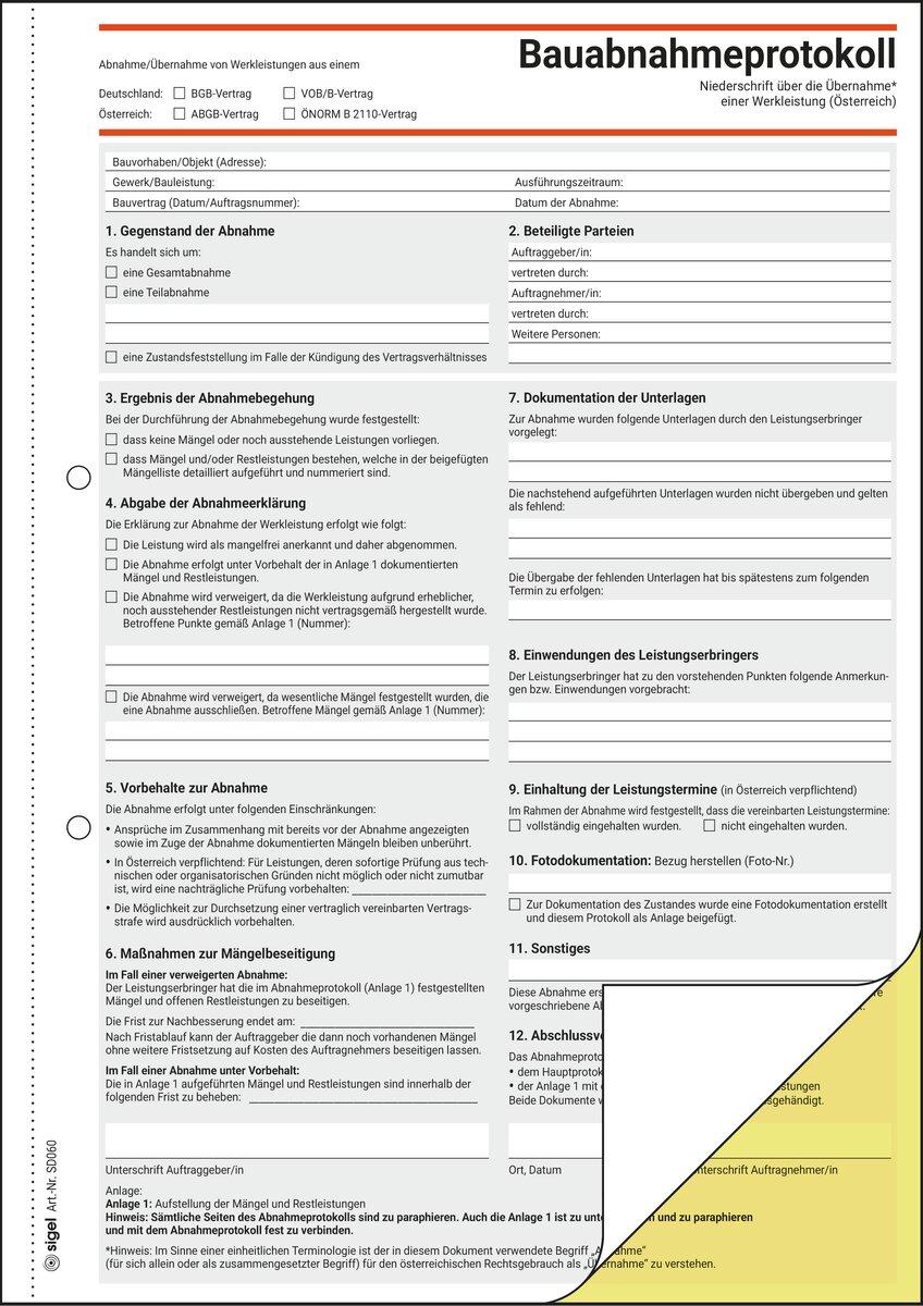 Bauabnahmeprotokoll, selbstdurchschreibend, A4, 2x 64 Blatt | SIGEL